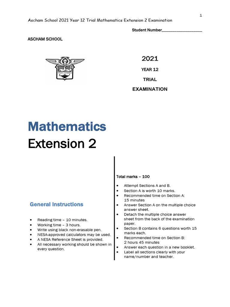 2021 Ascham HSC Math Trial Exam | PDF | Force | Perpendicular
