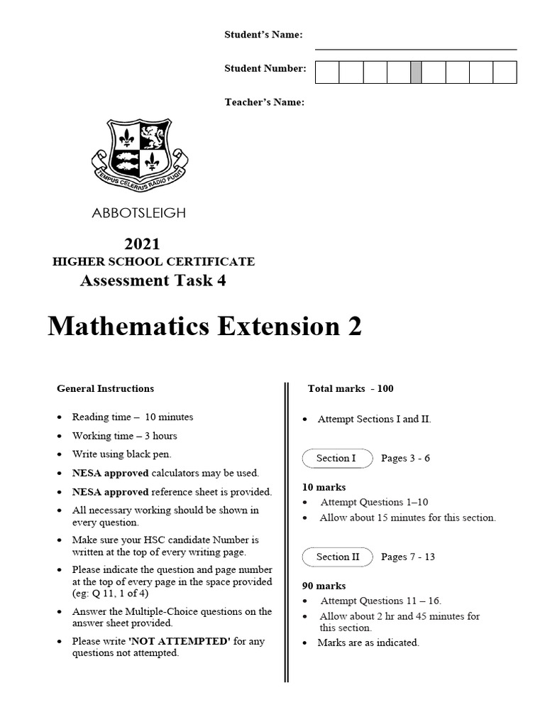 HSC Mathematics Extension 2 Assessment 2021 | PDF | Mathematics ...