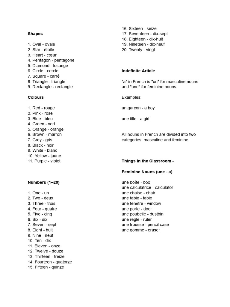 Vocabulaire Français : Formes, Couleurs, Nombres | PDF | Arts du ...
