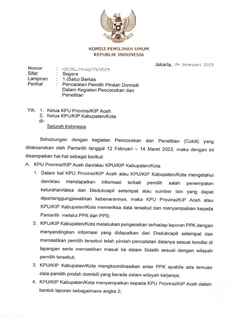 197 - SE Ketua - Pencatatan Pemilih Pindah Domisili Dalam Kegiatan Coklit | PDF