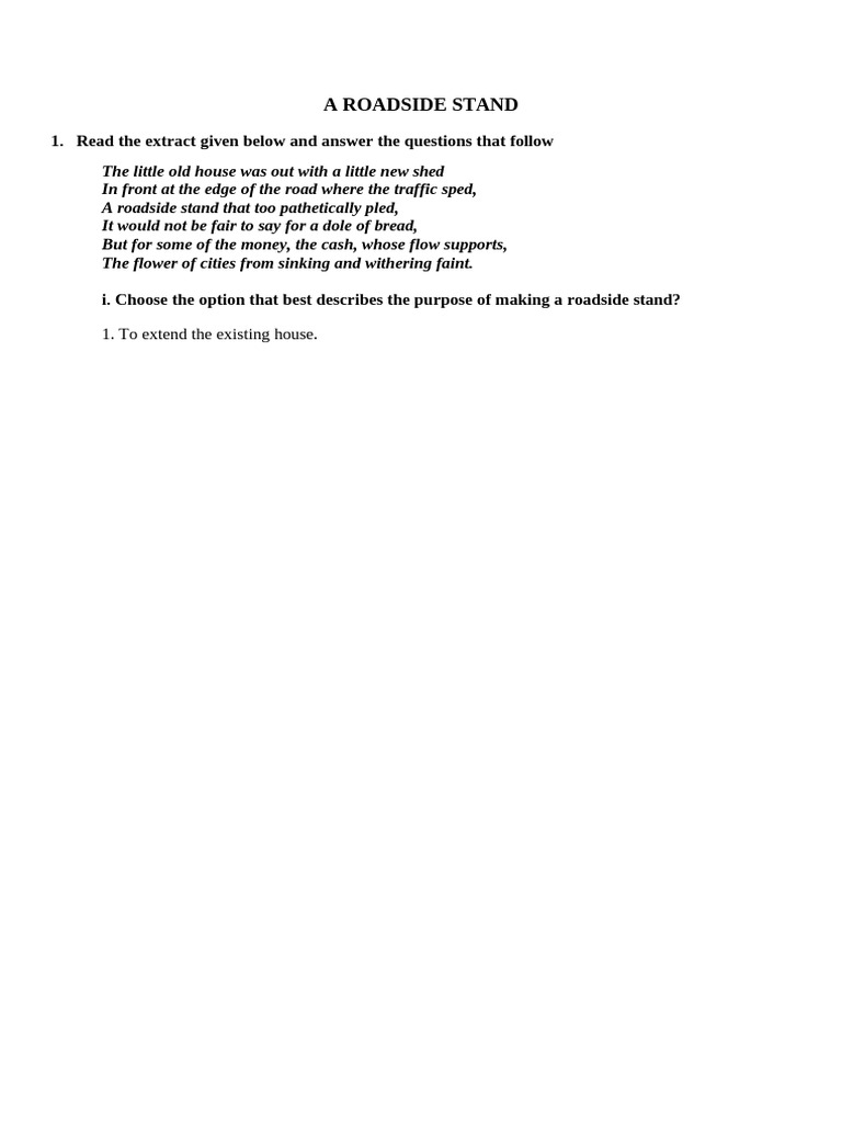 Road Side Stand Worksheet | PDF | Travel