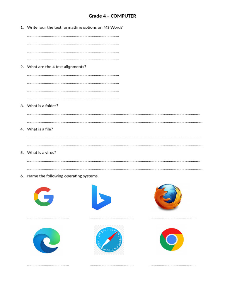 Grade 4 - Computer Worksheet | PDF | Computers