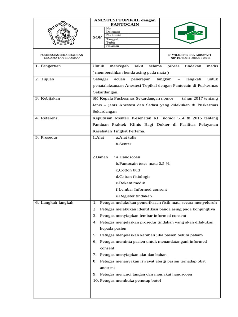 Sop Anestesi Topikal Pantocain | PDF | Sains & Matematika