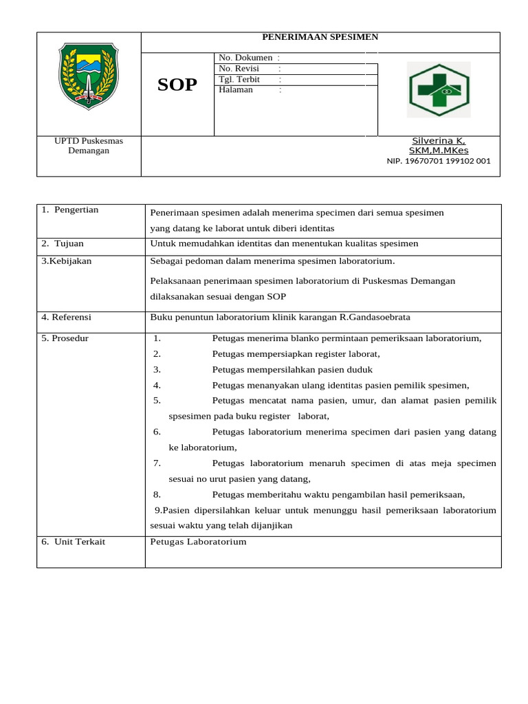 SOP Penerimaan Spesimen Laboratorium | PDF