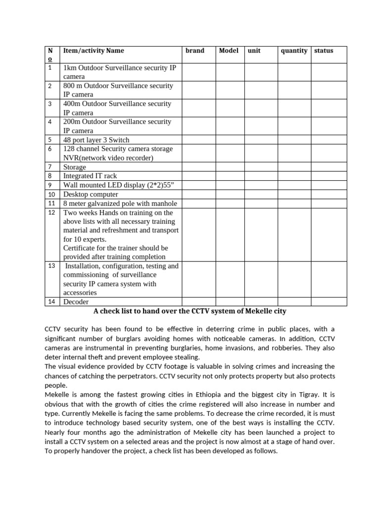 Check List For CCTV | PDF