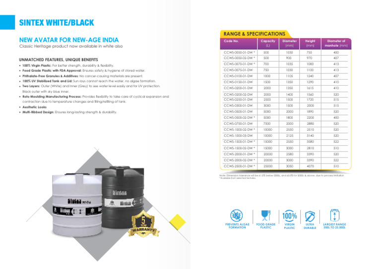 3000 Litre Sintex Water Tank Specs | PDF | Materials