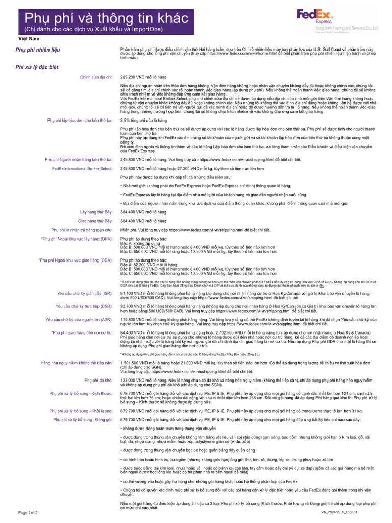 Fedex Rates Sur VI VN 2024 | PDF