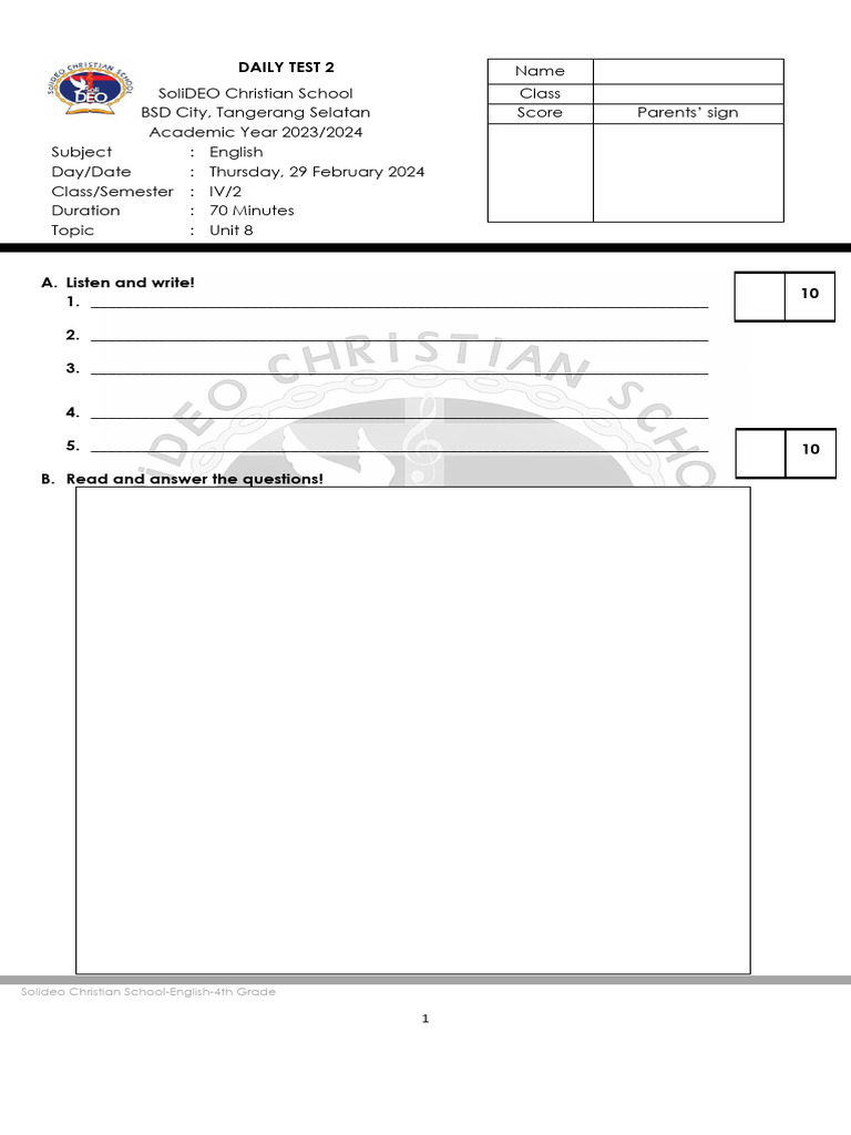 4th Grade English Test - Unit 8 | PDF