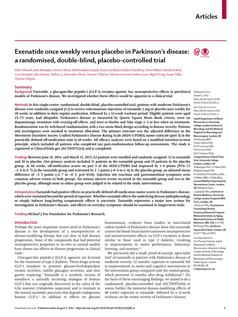 Athauda 2017 | PDF | Parkinson's Disease | Placebo Controlled Study