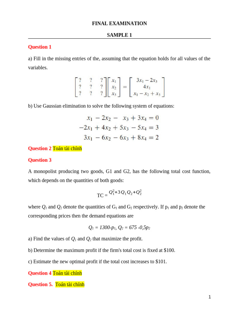 TOA106 - SAMPLE - Final Examination | PDF | Profit (Economics) | Demand
