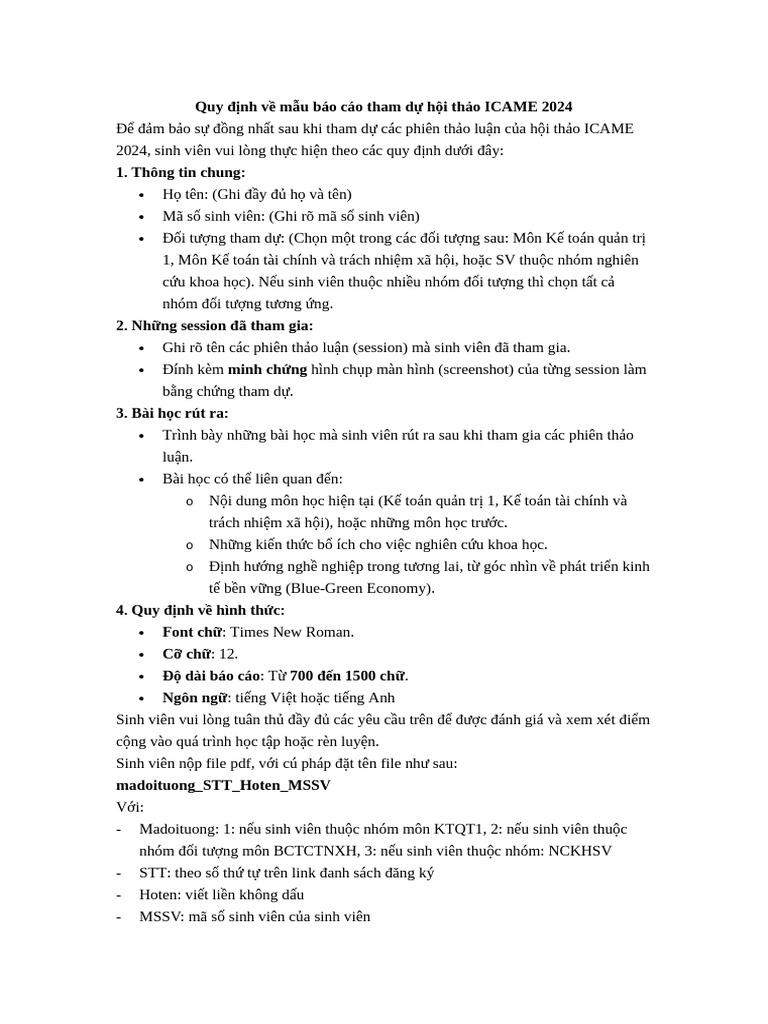 Quy Định Về Mẫu Báo Cáo Tham Dự Hội Thảo ICAME 2024 | PDF