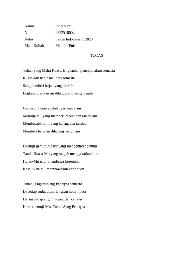 Indri Yani - Tugas Puisi Himne Ketuhanan | PDF