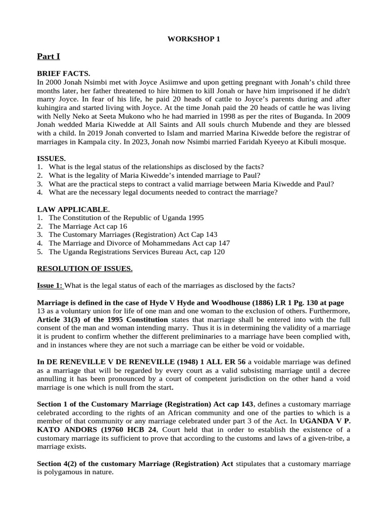 Family Law Workshop 1 Final Document | PDF | Marriage | Marriage ...