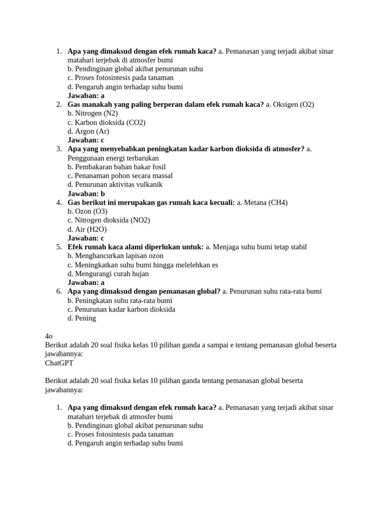 Soal Pilihan Ganda Pemanasan Global Kelas 10 | PDF