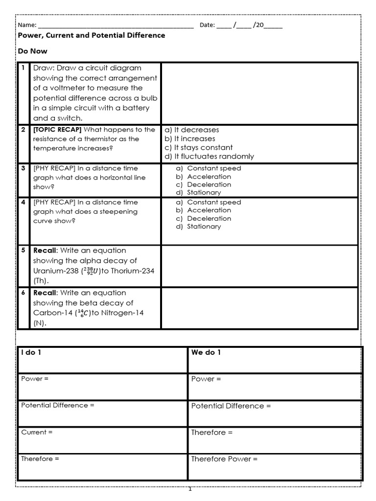 Year 11-1 20241021 Power, Current and Potential Difference | PDF ...