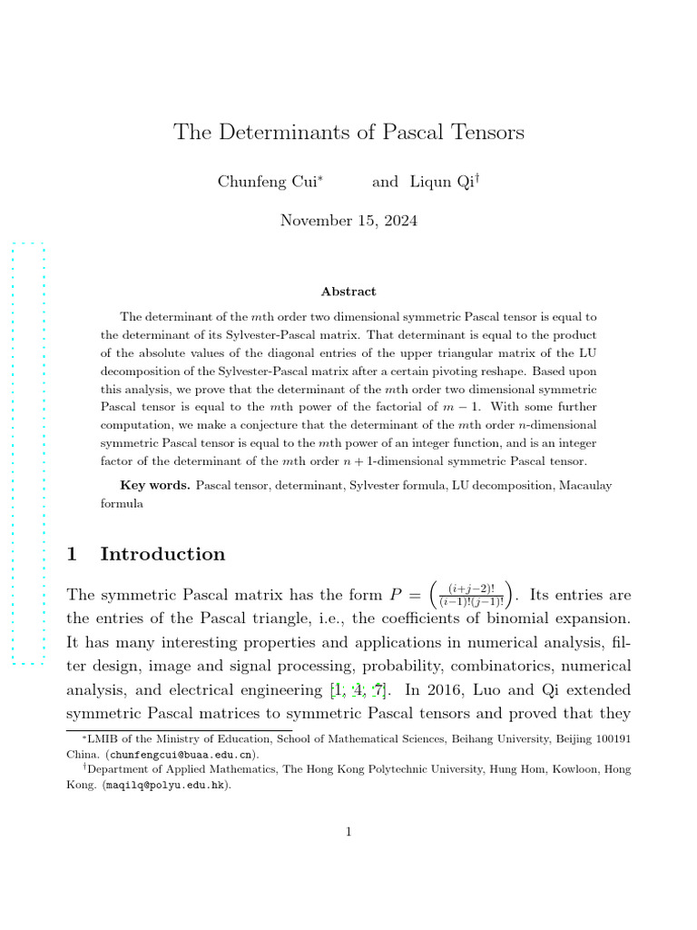 The Determinants of Pascal Tensors: Chunfengcui@buaa - Edu.cn | PDF ...