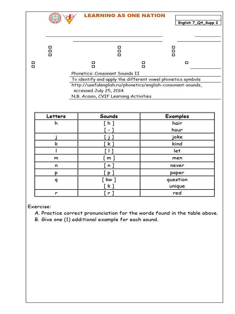 English 7 Q4 Supp LAS 2 Phonetics Consonant Sounds II | PDF | English Language | Phonetics