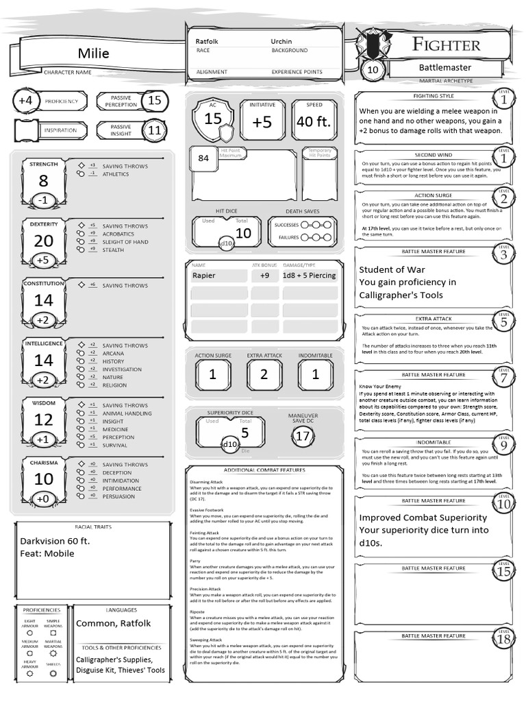 Milie - Level 10 Fighter | PDF
