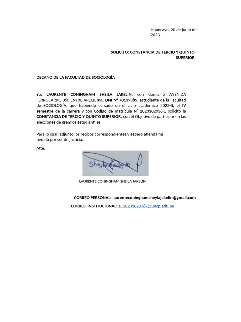 Solicitud de Constancia Laurente Coningham Sheyla | PDF