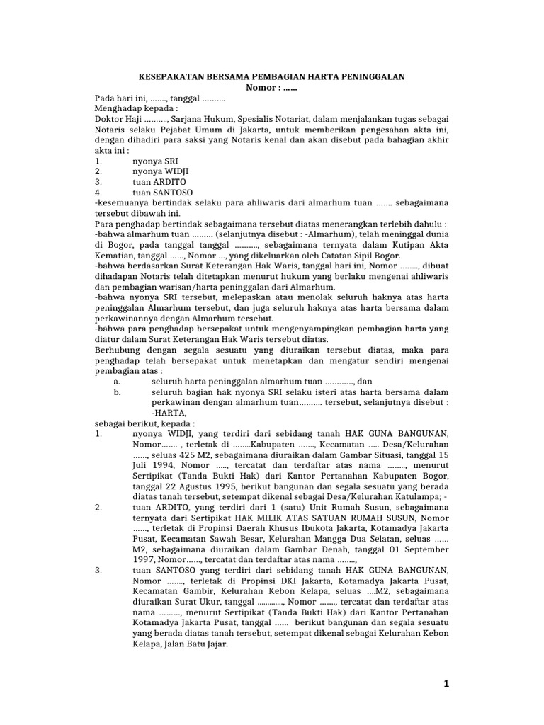 Kesepakatan Bersama Pembagian Harta Peninggalan | PDF