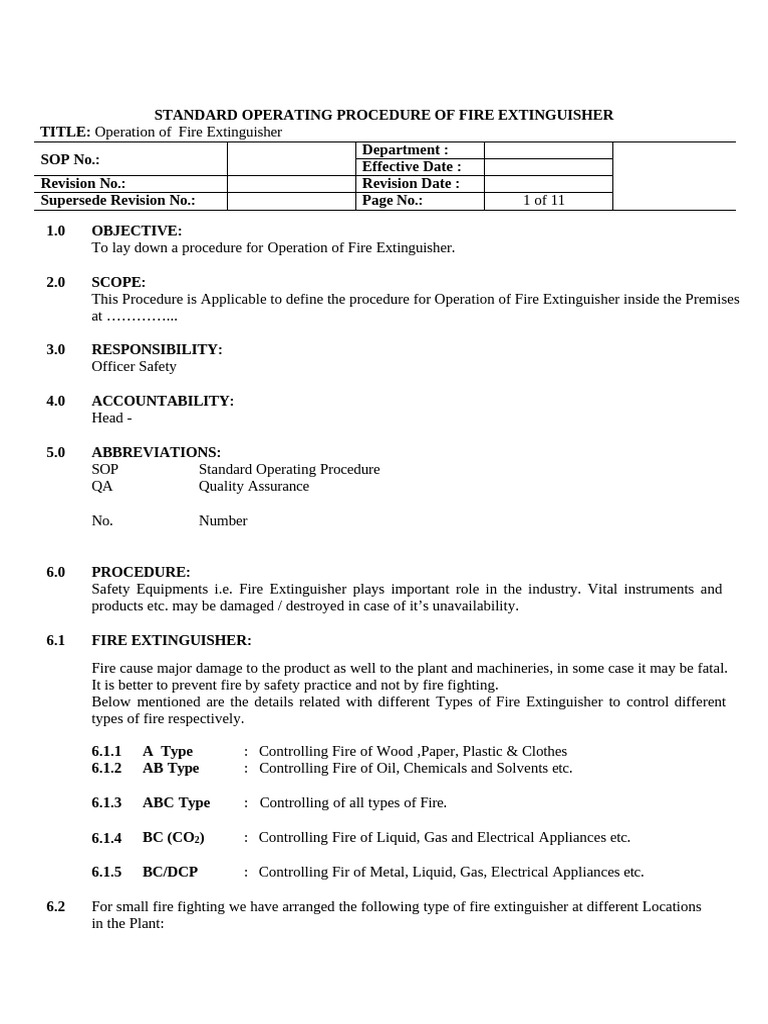 SOP For Operation of Fire Extinguisher | PDF | Firefighting | Materials