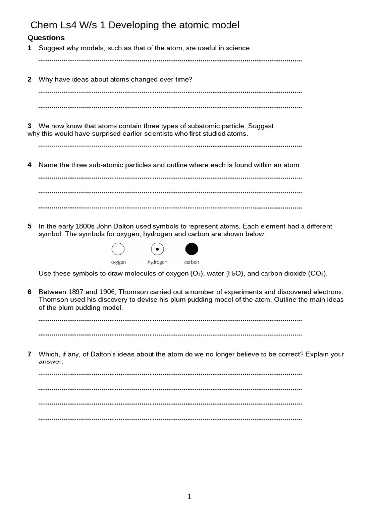 L4 Ws 1 History of The Atom Questions | PDF | Science & Mathematics