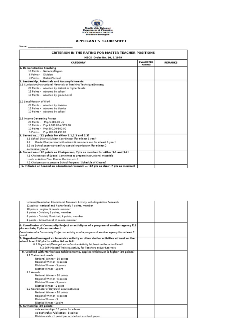 Applicant Score Sheet (Master Teacher) | PDF | Learning | Behavior ...