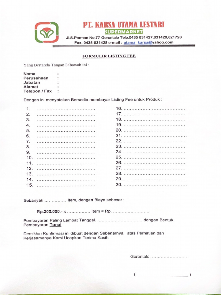 Formulir Listing Fee Karsa Utama | PDF
