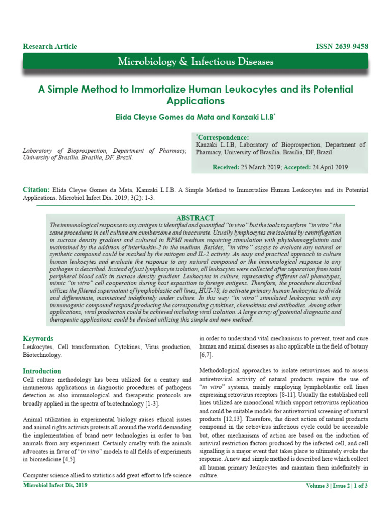 A Simple Method To Immortalize Human Leucocytes and Its Potential ...