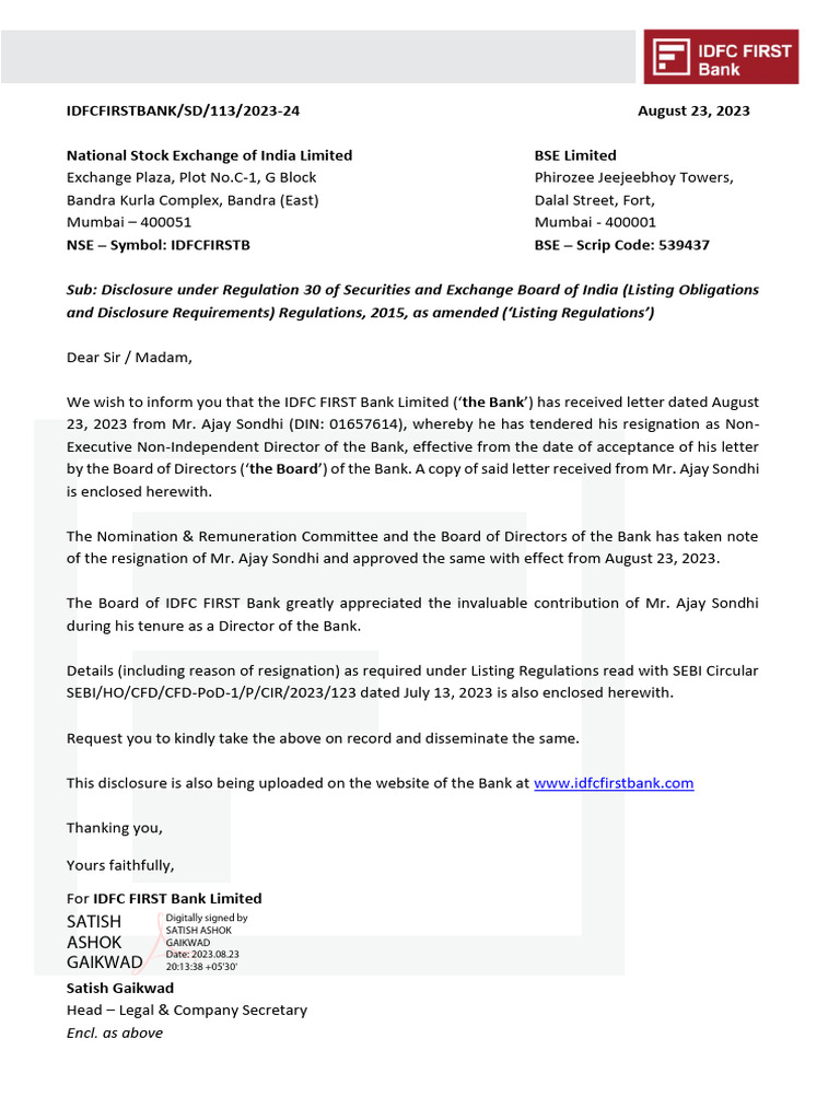 SE Intimation Change in Management Resignation | PDF | Financial Markets