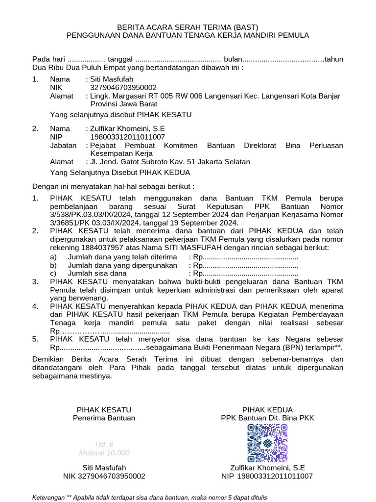 TTD & Meterai 10.000: Keterangan Apabila Tidak Terdapat Sisa Dana ...