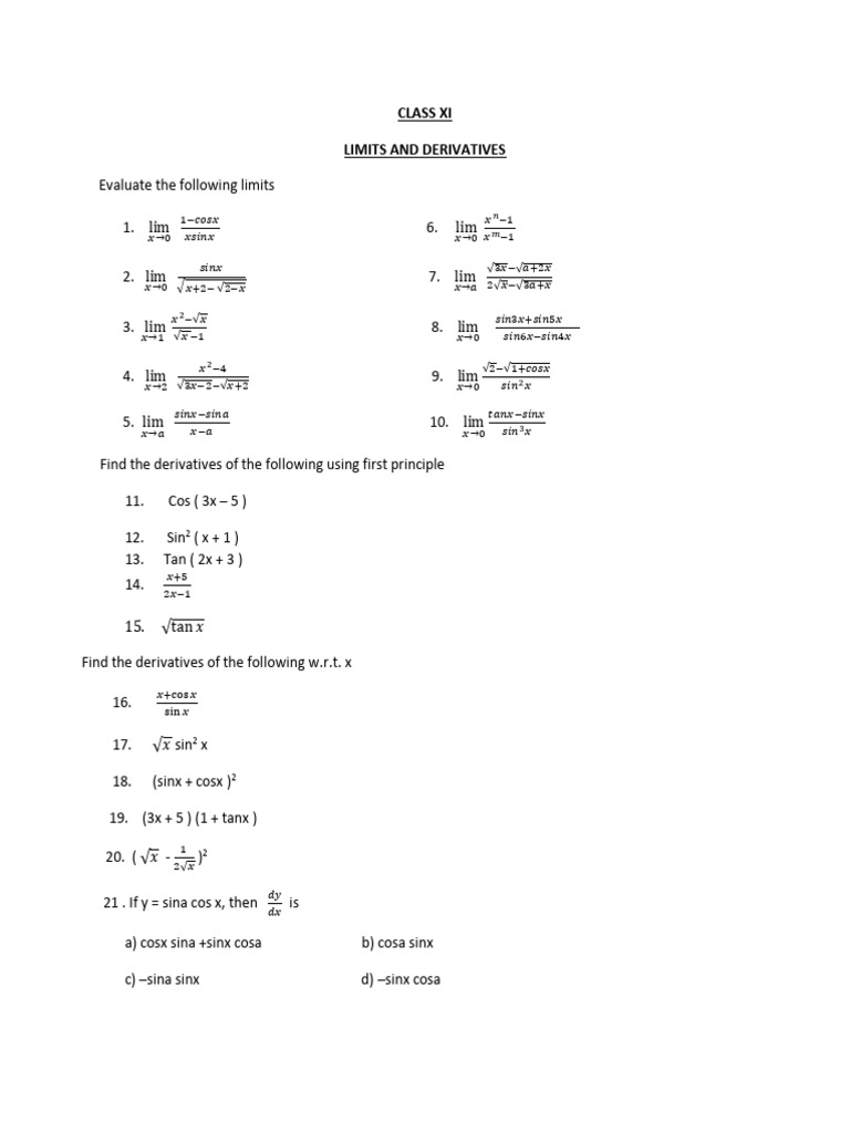 CLASS XI Limits and Derivatives Assignment | PDF