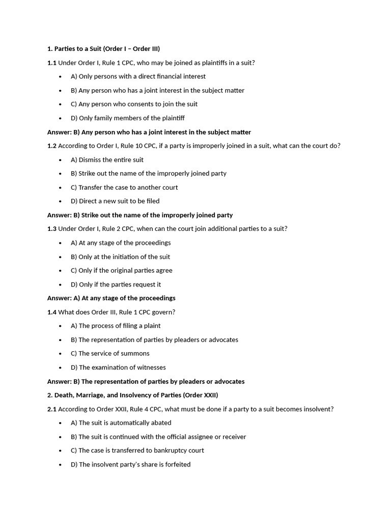 MCQ on CPC | PDF | Lawsuit | Discovery (Law)