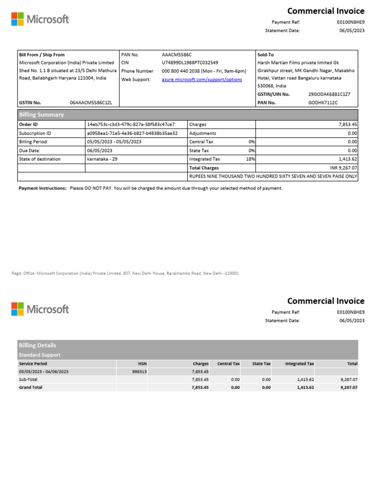 Microsoft Azure Commercial Invoice Details | PDF | Microsoft | Computing
