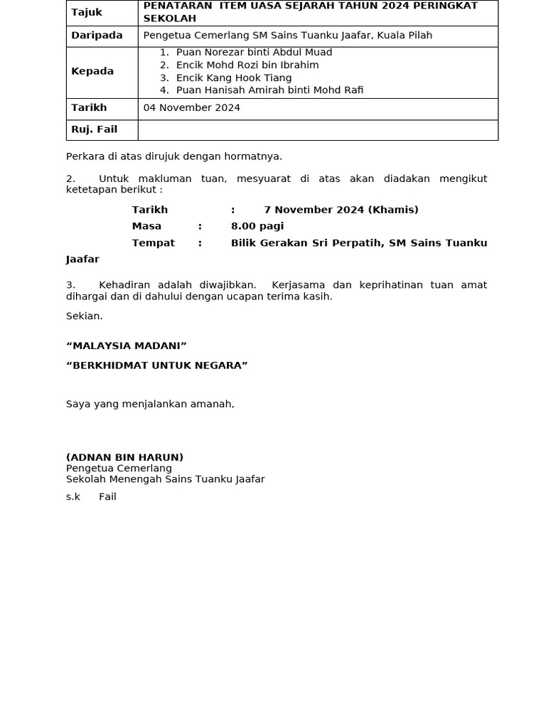 Memo Uasa Sej 2024 | PDF