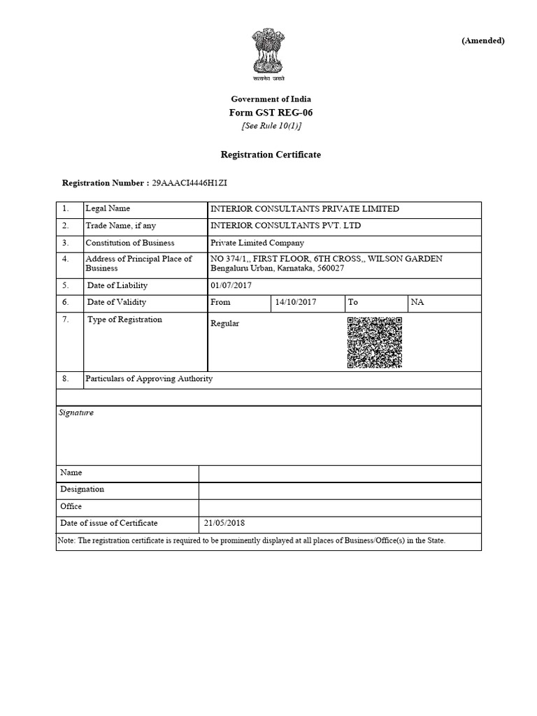 GST Registration Certificate INTERIOR CONSULTANTS PVT. LTD. | PDF