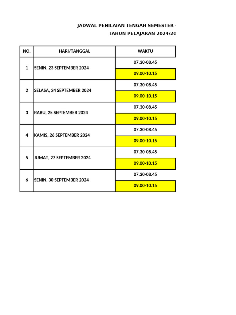 Jadwal Penilaian Tengah Semester Ganjil 2024-2025 | PDF