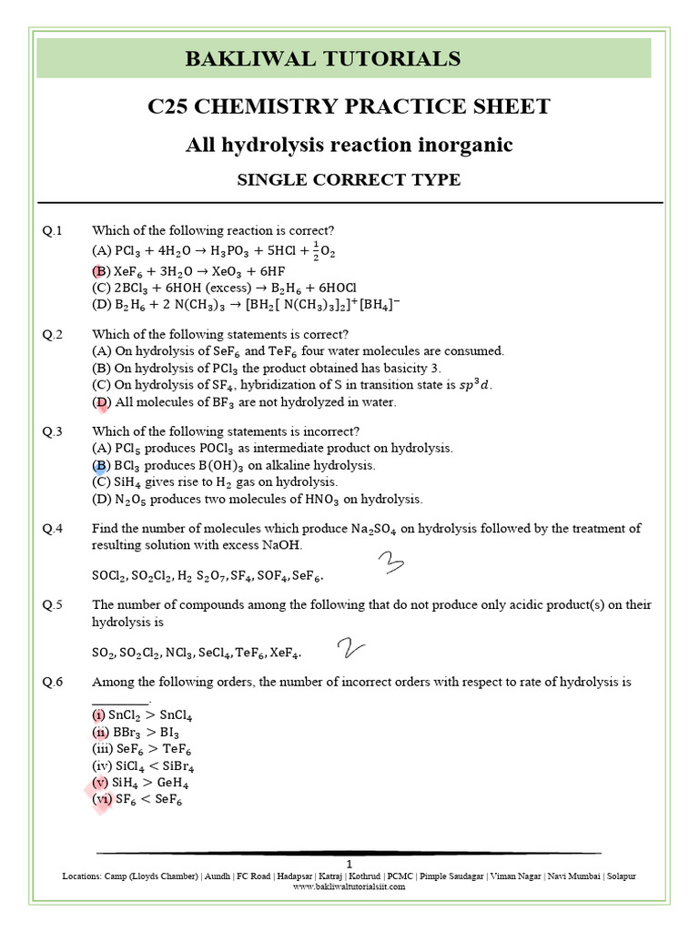 C25 CHEMISTRY Practice Sheet All Hydrolysis Reactions Inorganic | PDF ...