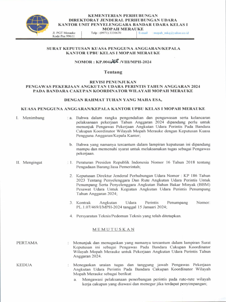 Revisi SK Pengawas Perintis Kawasan 2024 | PDF