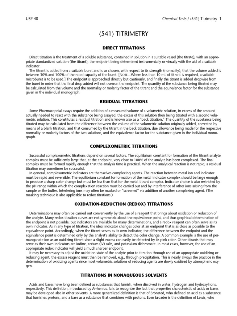 Titrimetry USP | PDF | Titration | Chemistry