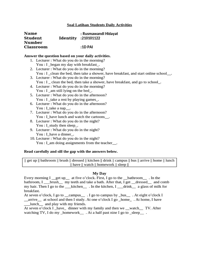 Soal Latihan Daily Activities Wandi | PDF | Self-Improvement