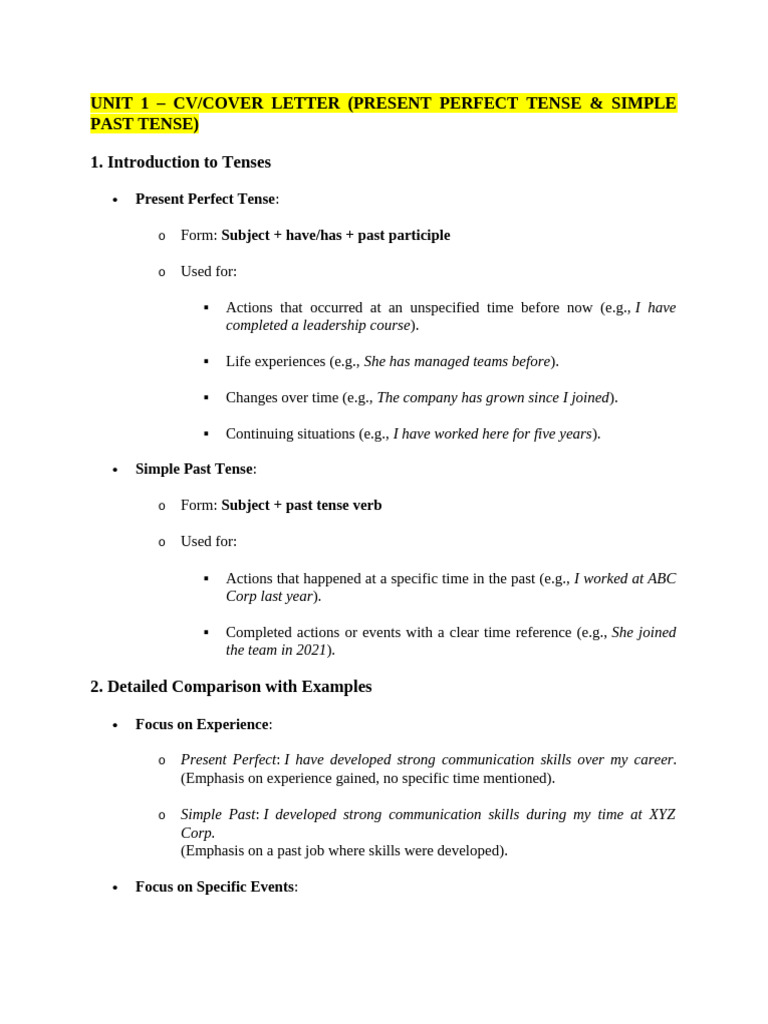 Tenses & Modal Verbs for CVs | PDF | Perfect (Grammar) | Grammatical Tense