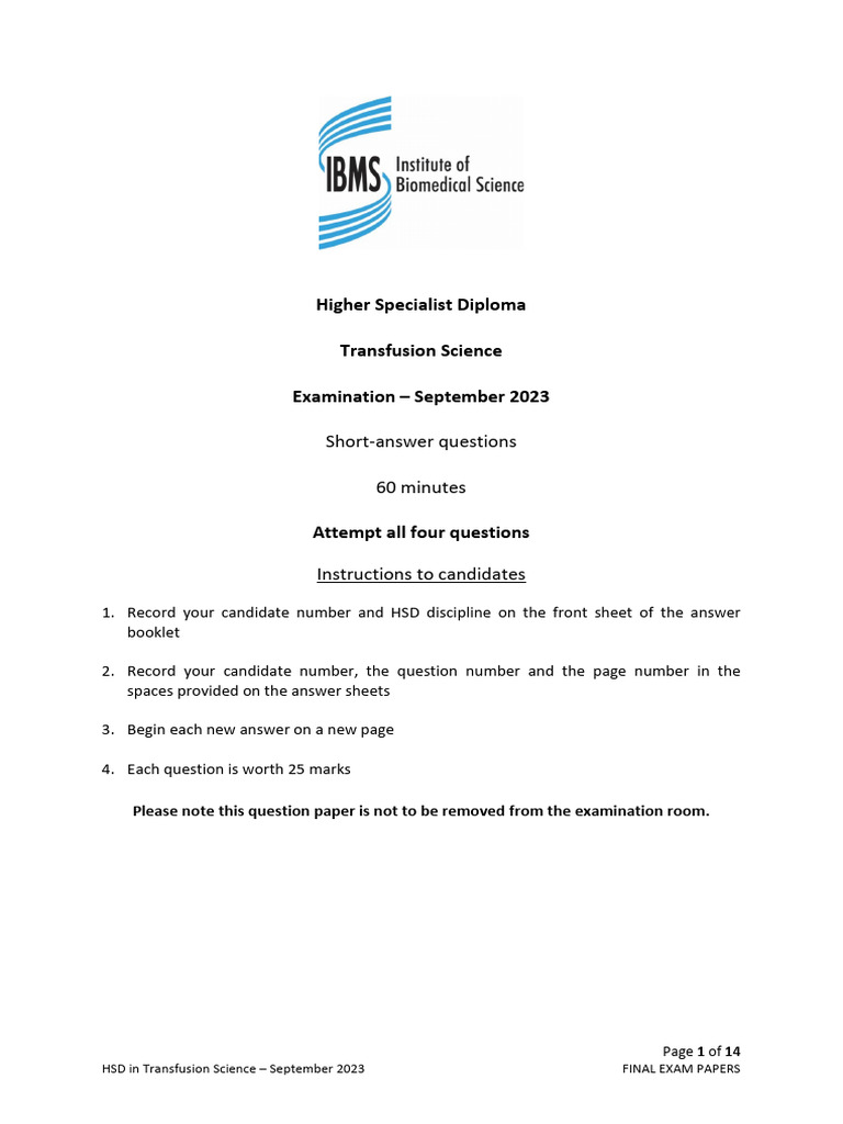 HSD Sept23 Transfusion Science Saqs Essay and Case Studies Exam Papers | PDF | Blood Transfusion ...