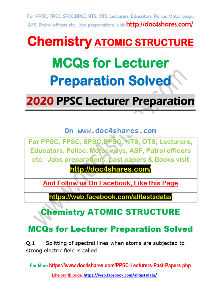Chemistry ATOMIC STRUCTURE MCQs For Lecturer Preparation Solved | PDF | Atomic Orbital | Atoms