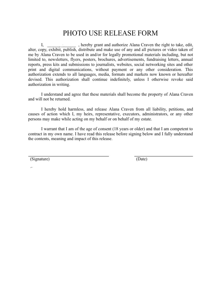 Photo Use Release Form Template | PDF