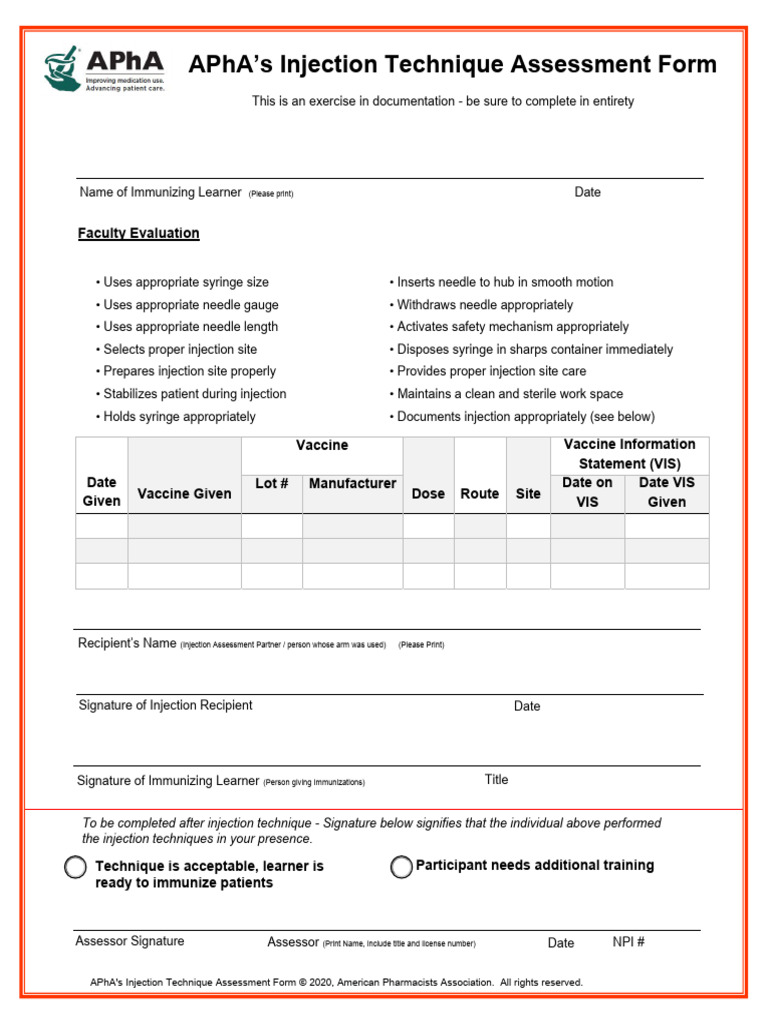 Injection Technique Assessment Form Blank | PDF | Injection (Medicine ...