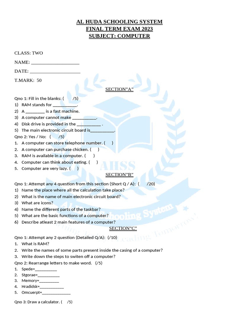 Computer Exam Paper Class 2 2023 | PDF