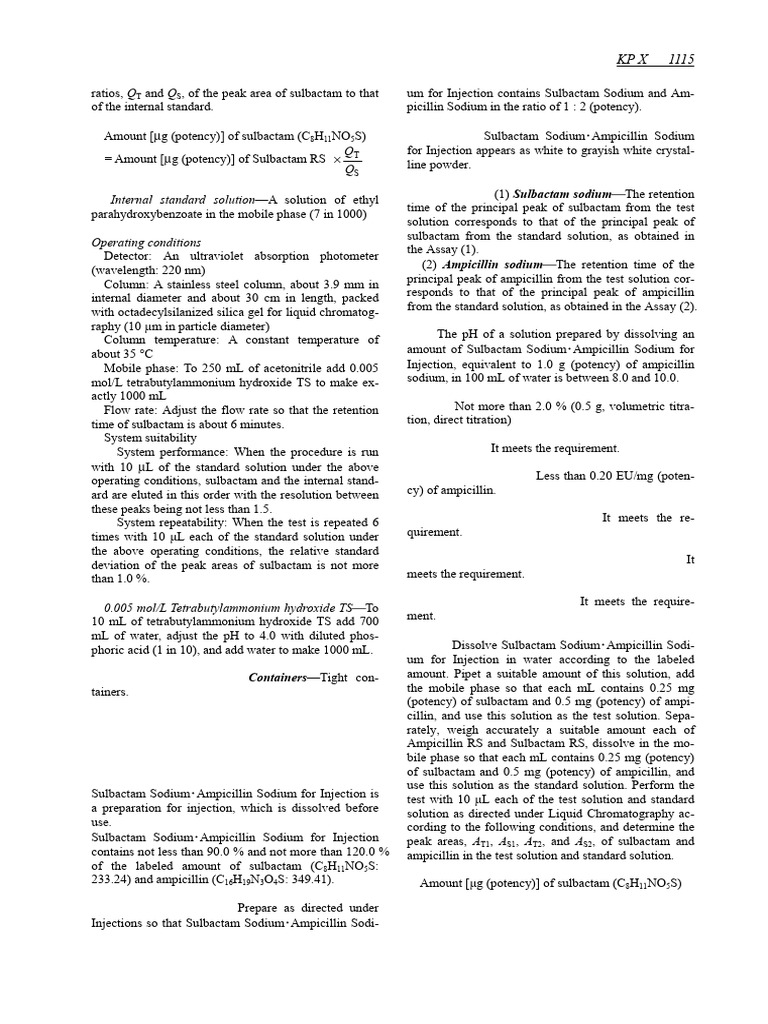 Sulbactam and Ampicillin Injection Method | PDF | Sodium | Chromatography