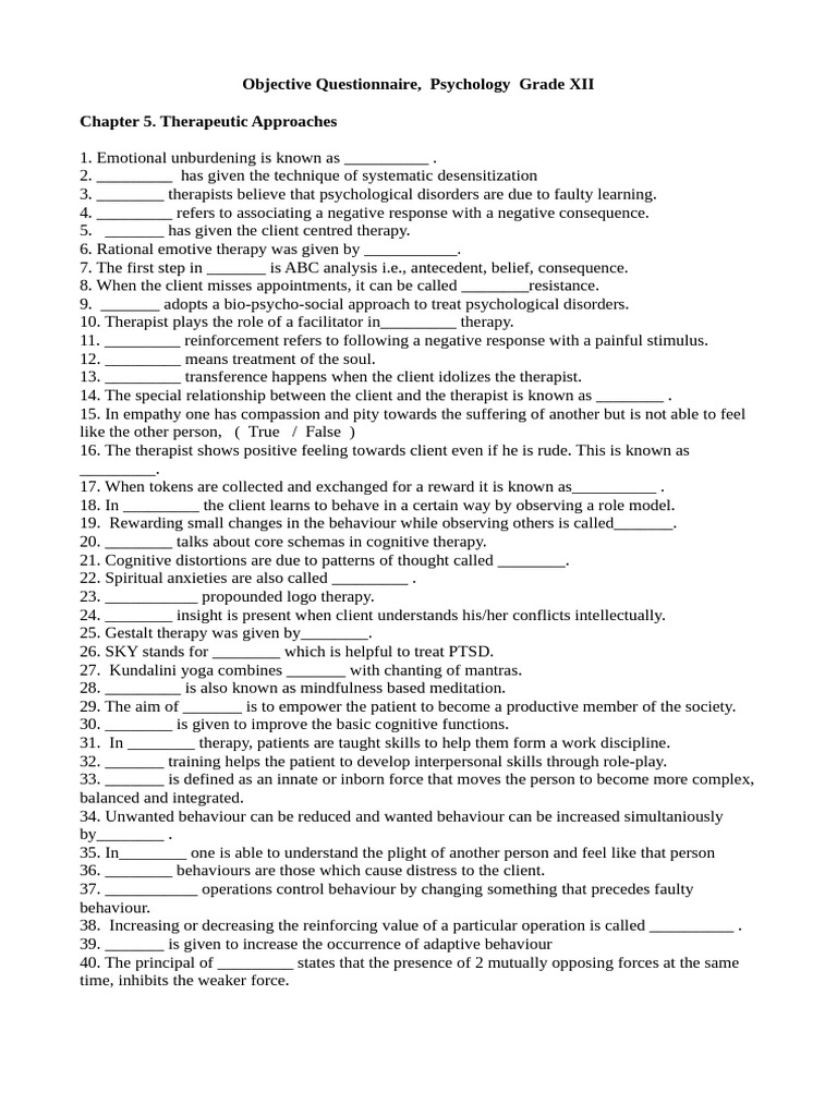 Psychology Grade XII: Therapeutic Approaches Quiz | PDF | Psychotherapy ...