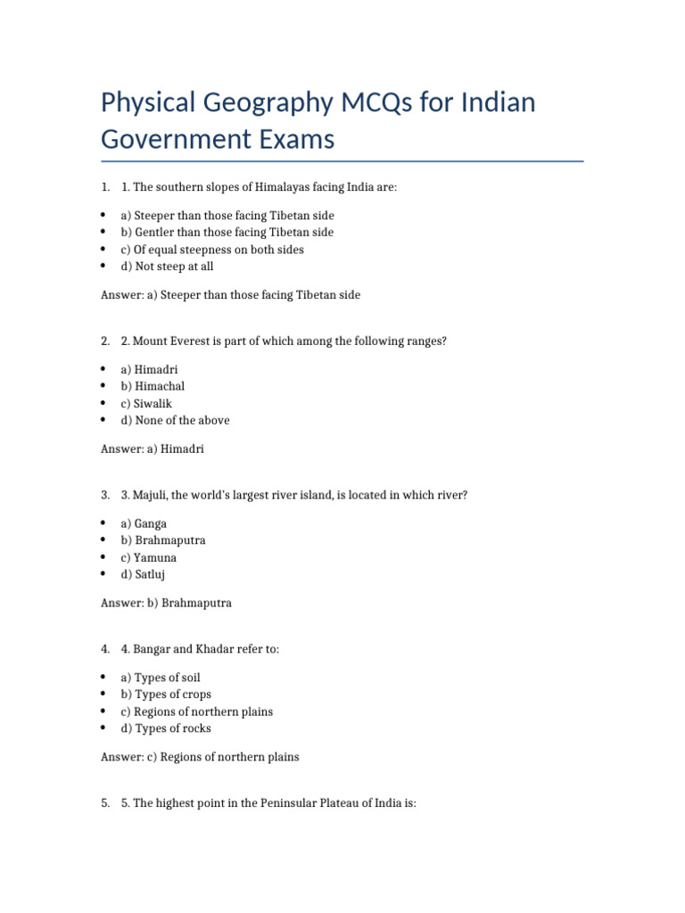 Physical Geography MCQ Questions Sample | PDF | Travel | Language Arts ...